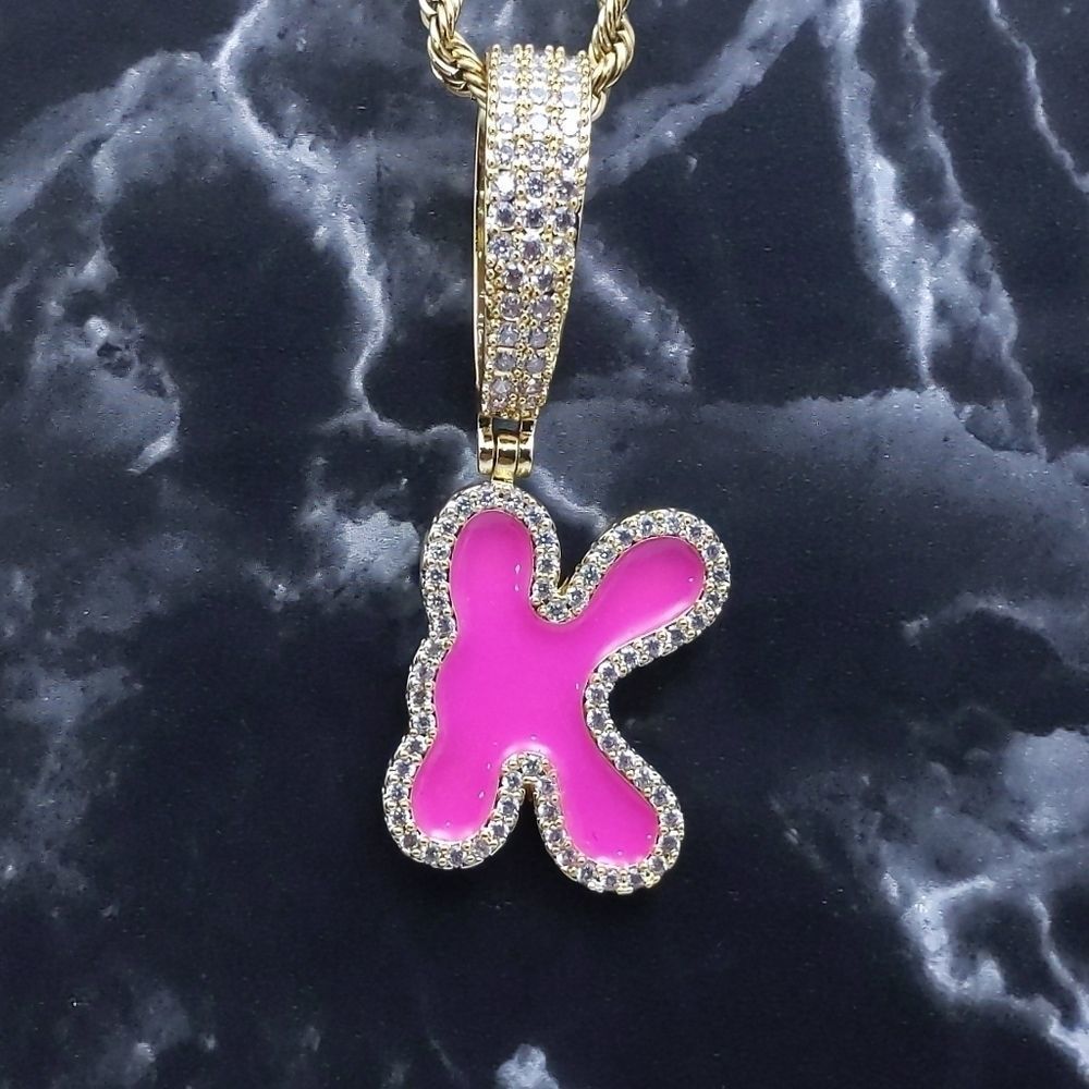 14k Gold Finish Pink K. Letter + 18" Rope Chain - Gem